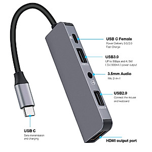 Type C 5 in 1 Hub to 4K HDMI, 2USB3.0Ports,MIC&Audio. Adapter, with PD3.0(100W) Charge