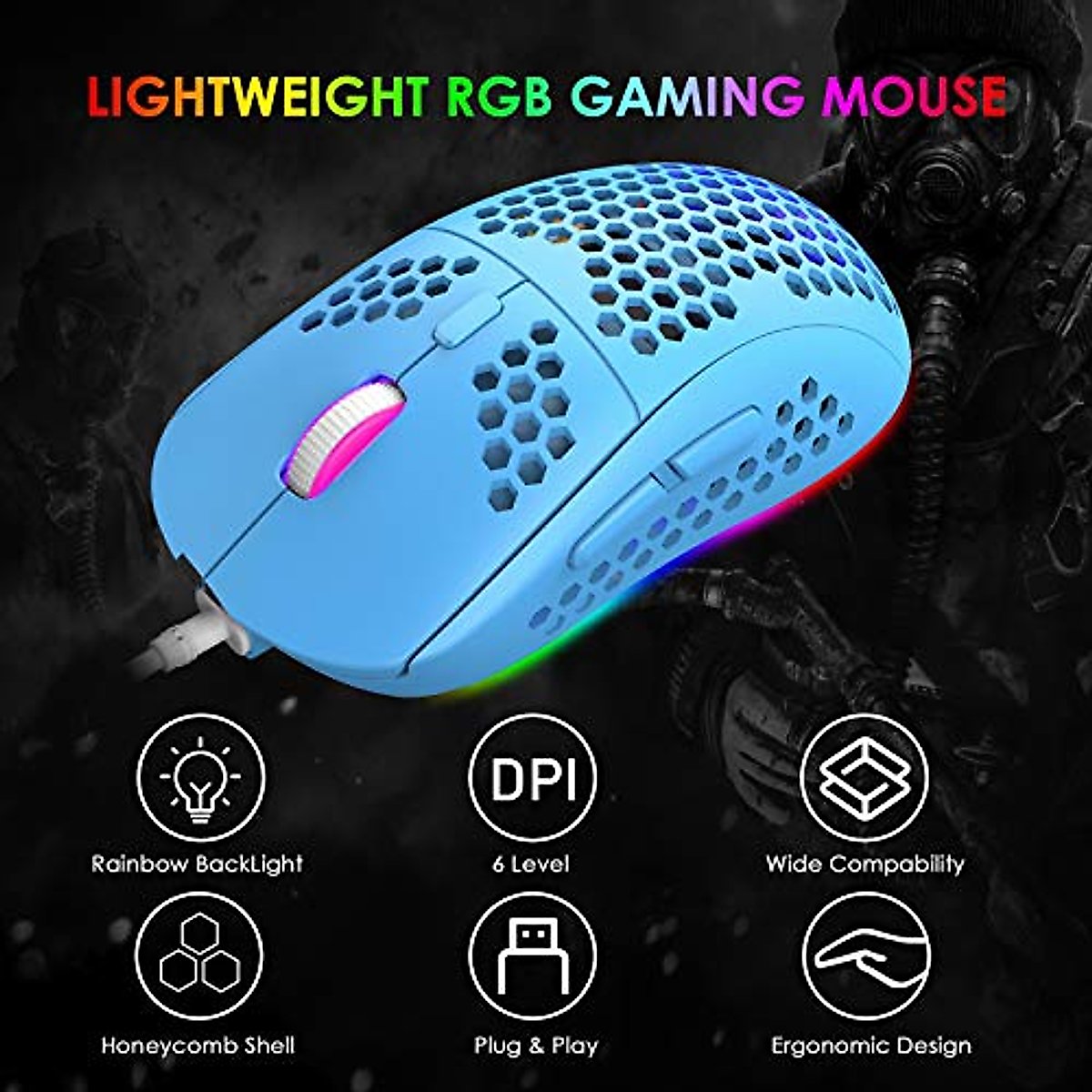 RGB Rainbow Mechanical Gaming Keyboard and Mouse Combo Blue Switch 87 Keys Backlit Keybaord with Lightweight Honeycomb Shell Wired RGB Gaming Mouse 6400 DPI Mouse pad for PC Gamers Xbox One PS4 PS5