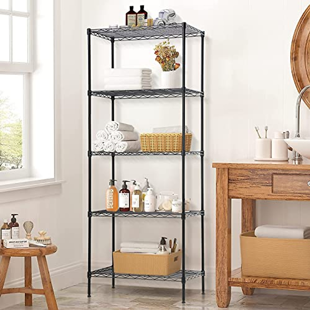 HKLGorg 5-Tier Wire Shelving Unit Metal Shelves Heavy Duty Layer Shelf Commercial Grade Storage Shelves 24" L x 14" W x 60" H Wire Rack with Leveling Feet for Kitchen Office Garage, Black