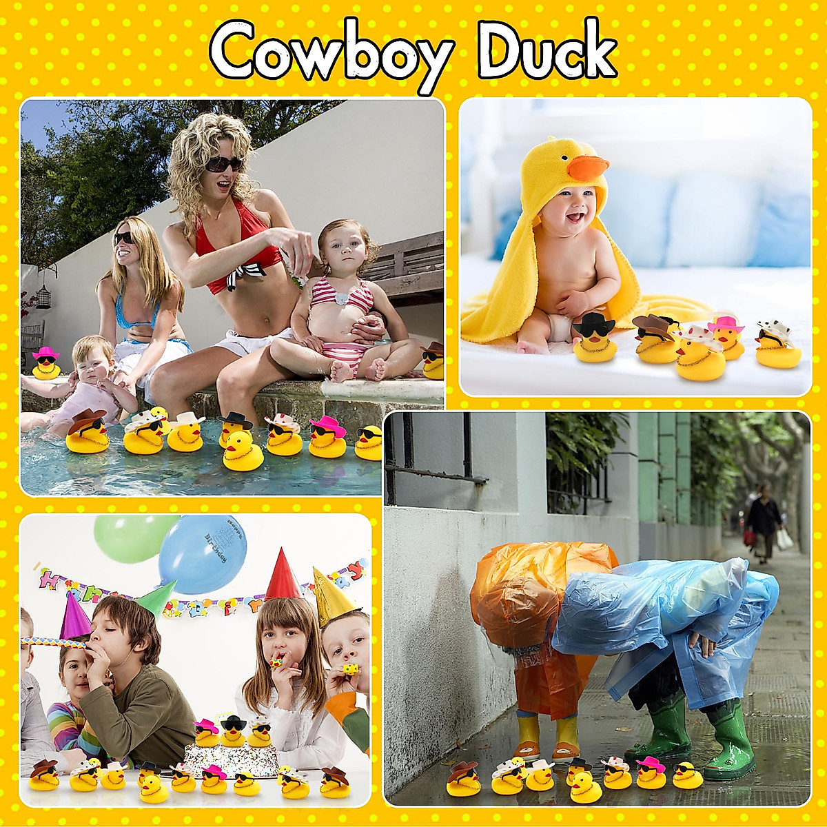 HAVAGDTM 24 Set Cowboy Rubber Duck with Mini Hat Necklace and Sunglasses Bath Duck Toy for Baby Shower Birthday Swimming Party Gift Favor Decorations