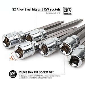 20PCS Extra Long Hex Bit Socket Set 3/8 Inch Drive | Standard SAE & Metric (1/8-Inch - 3/8-Inch, 3-12mm) | S2 Alloy Steel Allen Bits | Heavy Duty Cr-V Sockets Set