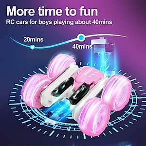 TRIPLEFINE Remote Control Car for Girls, LED Fast Stunt RC Car, 2.4GHz RC Cars, 4WD Double Side 360° Rotating Car Toys for 6 7 8 9 10 11 12 Girls Birthday(pink)