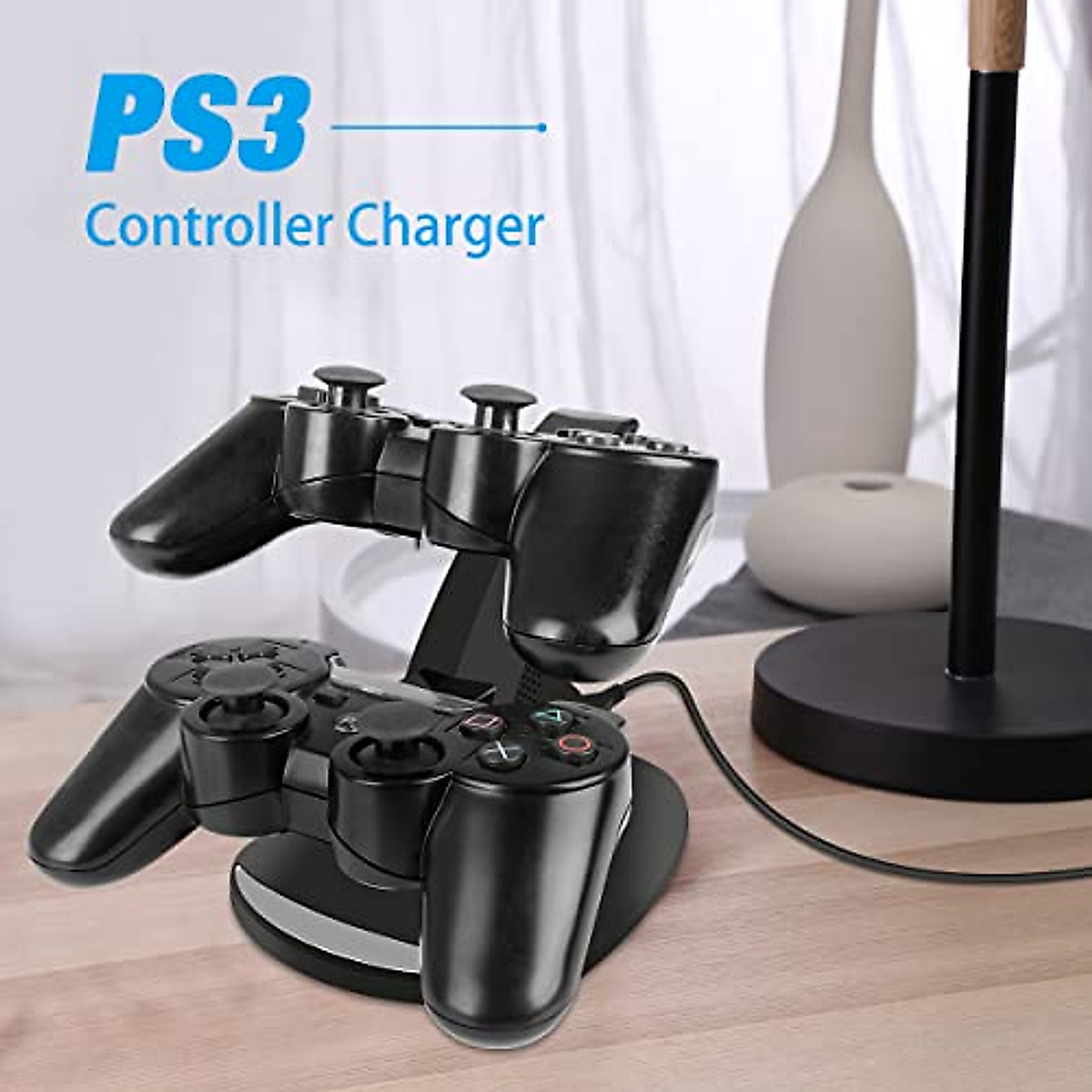 VSEER PS3 Controller Charger, Dual Console Charger Charging Docking Station Stand for PS3 with LED Indicators, Black