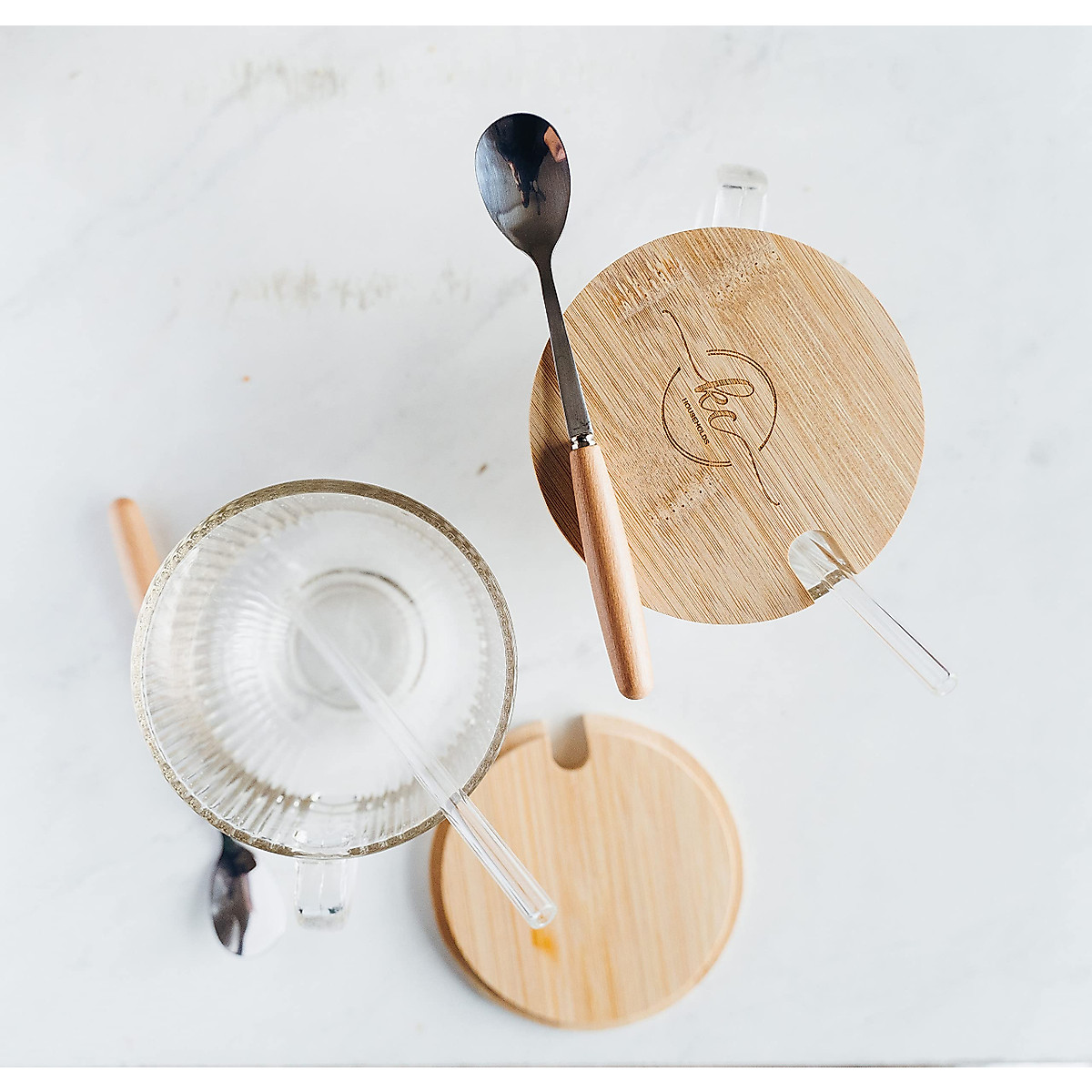 KC 2pc Glass Coffee Vintage Mug Set With Bamboo Lid And Glass Straw - 15oz Jumbo Glass Cup With Stainless Steel + Bamboo Spoon And Glass Straw - Glass Snack Bowl With Spoon