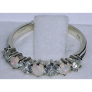 LetsBuyGold 14k White Gold Natural Opal & Aquamarine Womans Eternity Ring - Size 4.25