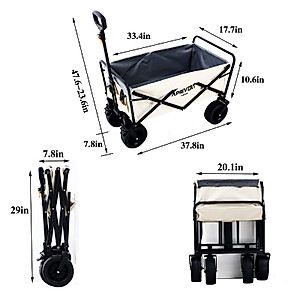 APRIVERT Heavy Duty Folding Cart with Large Capacity, All-Terrain Outdoor Cart with Big Wheels,Garden Portable Trolley & ATV, Utility Wagon for Beach,Shopping,Camping,Fishing,Beige