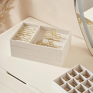 Oyydecor Stackable Jewelry Organizer Tray, Jewelry Drawer Organizer Set of 4 - Earrings, Necklaces, Rings, Bracelets Storage for Women and Girls - Beige.