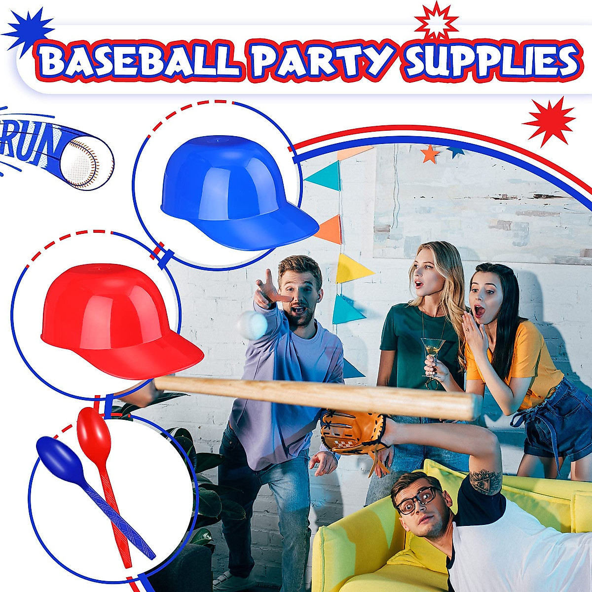 36 Count Summer Baseball Helmet Snack Ice Cream Bowl 8 oz Mini Baseball Cap Bowls Plastic Dessert Sundae Candy Bowls with 36 Spoons for Kids Birthday Sports Party Supplies (Red, Dark Blue)