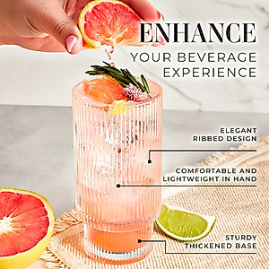 Kitchen Lux Ribbed Drinking Glasses - Ribbed Glass Cups 15 oz - Ribbed Glassware Set of 6 - Textured Vintage Retro Ripple Aesthetic Glass Ware for Whiskey Cocktail Beer Water, Coffee Bar Accessories