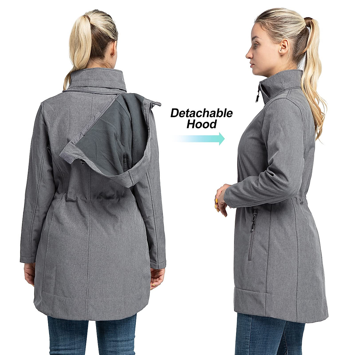 33,000ft Women's Waterproof Softshell Long Rain Jacket with Hood Fleece Lined Windproof Windbreaker