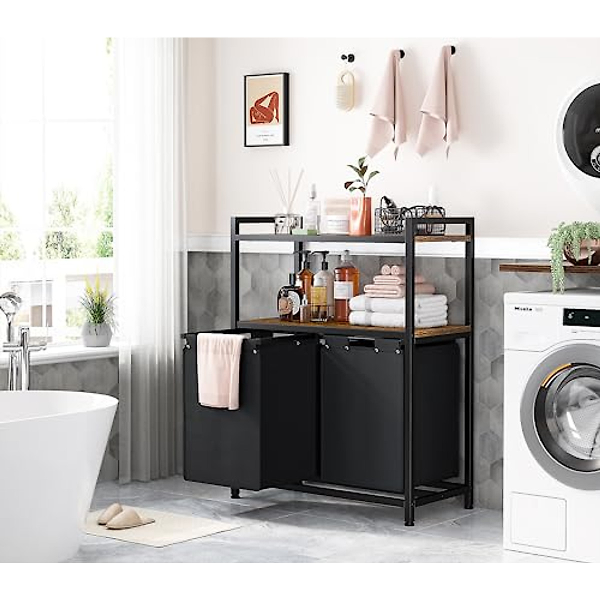 EnHomee laundry Basket 112 L Large Double Laundry Hamper with Shelf Laundry Sorter 2 Section with Removable Bags Organizer Clothes Hamper for Laundry