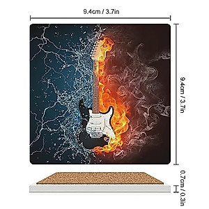 Electric Guitar in Fire and Water Square Ceramic Coasters for Drink Absorbent Coffee Cup Cork Holders Table Modern Decorative