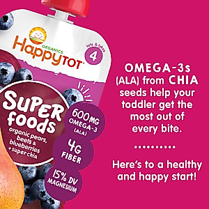 HAPPYTOT Organics Super Foods Stage 4, Pears, Blueberries & Beets + Super Chia, 4.22 Ounce Pouch (Pack of 16) packaging may vary