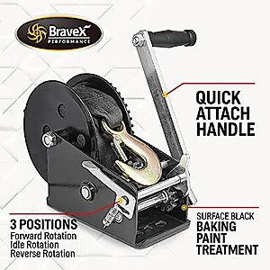 Bravex Boat Trailer Winch 3500lbs with 33ft Strap, Heavy Duty Hook Portable Hand Winch, Two Way Ratchet Manual Winch for SUV ATV UTV for 4:1/8:1 Gear Crank Winch (3500lb with Cable Black Winch)