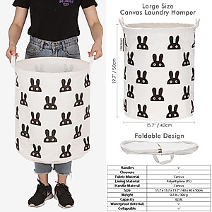 Sea Team 19.7" Large Sized Waterproof Coating Ramie Cotton Fabric Folding Laundry Hamper Bucket Cylindric Burlap Canvas Storage Basket with Cute Bunny Design (Black)