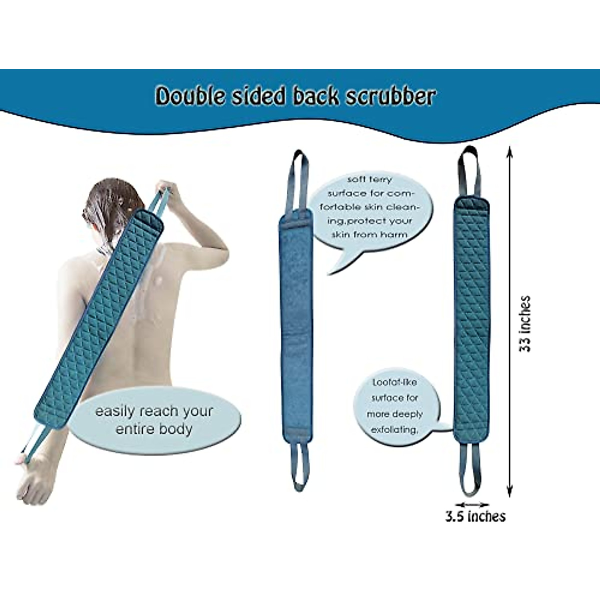 3 Pcs Loofah Back Scrubber with Exfoliating Gloves mitt,Double-Sided Exfoliating & Cleansing Back Scrubber for Shower,Removes unwanted Dead Skin, Dirt and Grime.Back Washer.XIWUMOER(3 PCS Set)