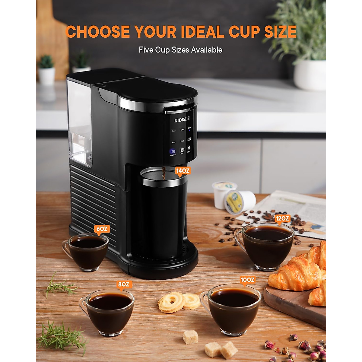 KIDISLE 3 in 1 Single Serve Coffee Maker for K Cup Pods & Ground Coffee & Teas, 6 to 14oz Brew Sizes, with 40oz Removable Water Reservoir, Self-cleaning Function, Black