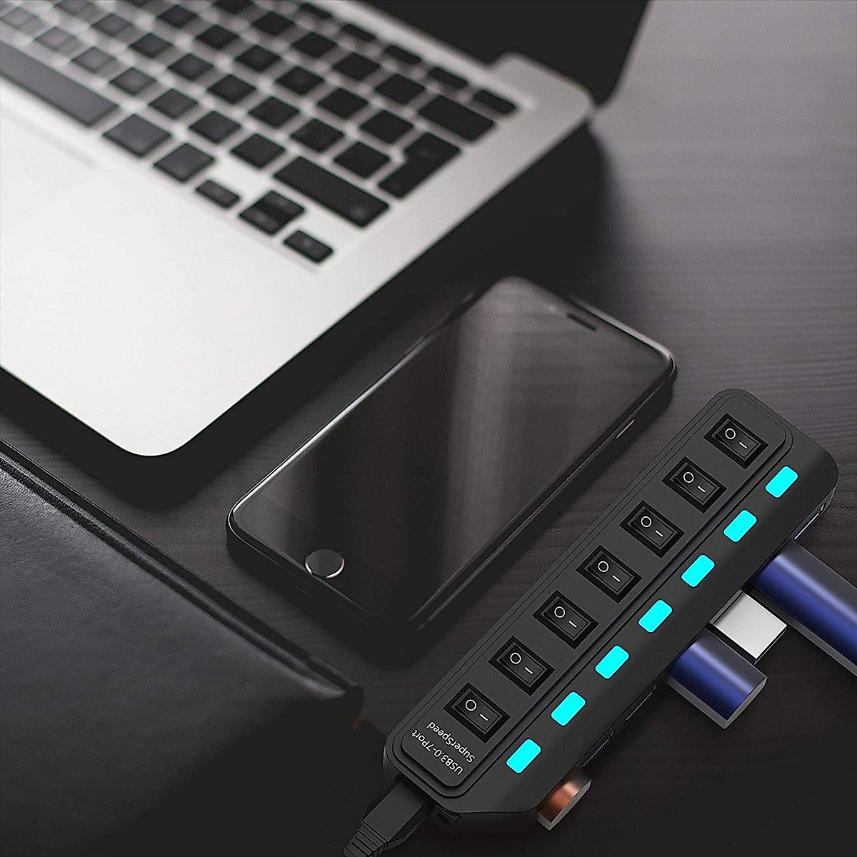 USB Hub 3.0 Powered, Zouhi USB hub 7 Port 3.0 Data Hub Splitter with 5V/2A Power Adapter and with Individual On/Off Switches/Power LED / 3.3ft/1m Long Cable for Mac Pro, MacBook Pro and More