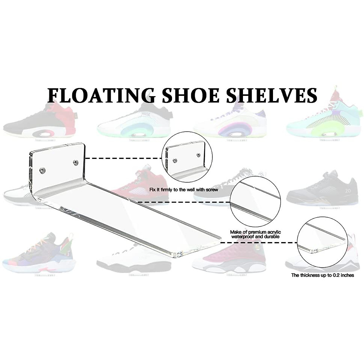 Acrylic Floating Shoe Display Shelves, Floating Shoe Display Shelf, Clear Acrylic Floating Shoe Display Stands Sneaker Shelves Wall Mounted, Acrylic Shoe Shelf, Floating Shoe Shelf for Wall Set of 6