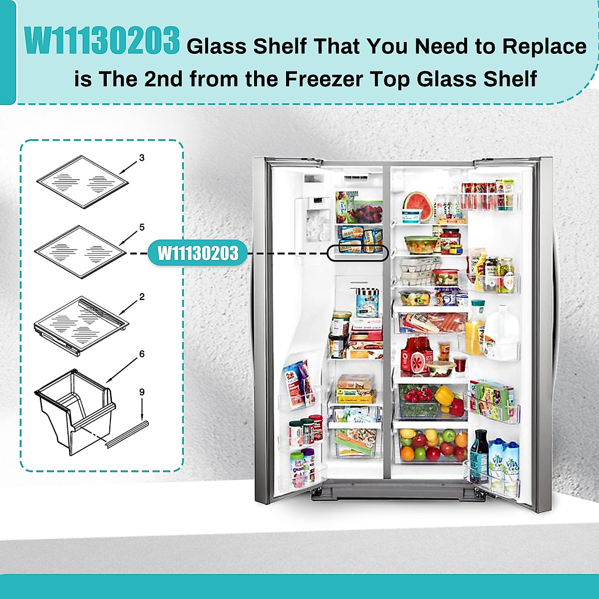 Upgraded W11130203 Freezer Shelf, Compatible with whirlpool Refrigerator WRS571CIHZ WRS571CIHZ04 WRS571CIHZ01 Freezer Glass Shelf, Replacement W10527849 W10773887 AP6262440 PS12347522 4545866