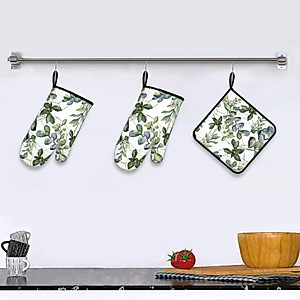 YILEQUAN Green Eucalyptus Leaves Print Oven Mitts and Pot Holders Sets,Kitchen Oven Glove High Heat Resistant 500 Degree Oven Mitts and Potholder,Surface Safe Baking, Cooking, BBQ,Pack 3 One Size
