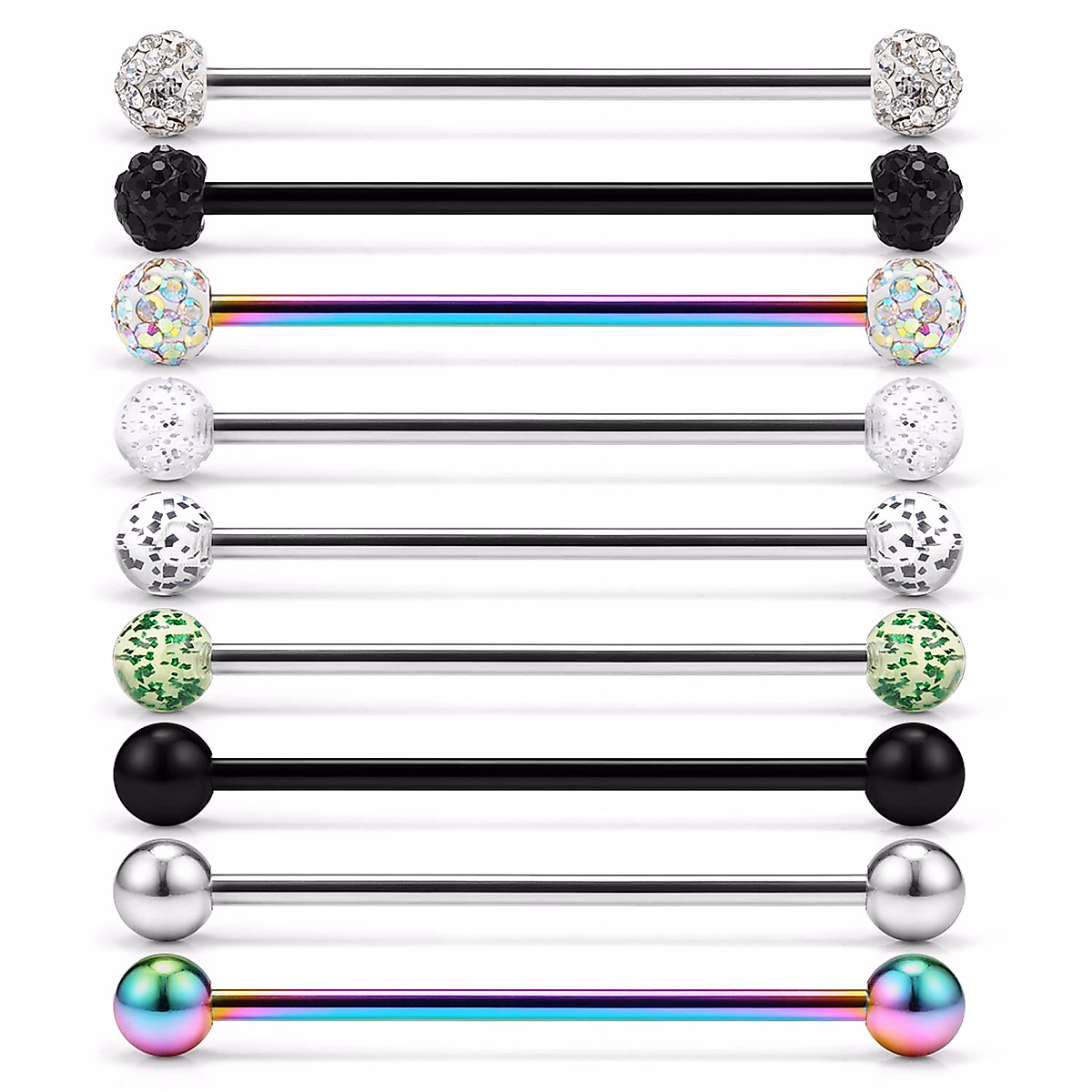 Lcolyoli 14G Stainless Steel Industrial Barbell Earrings for Women Men Cartilage Helix Rings Piercing Jewelry 9 Pieces 1 1/4 Inch (32mm) Rainbow Black Silver