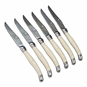 KeepingcooX® Laguiole Steak Knife with Ivory Handle, Serrated Blade, Stainless Steel Dinnerware/Tableware/Flatware/Cutlery Set of 6, Gift Box, Reputable Global Manufacturer with Certificate (GMC)