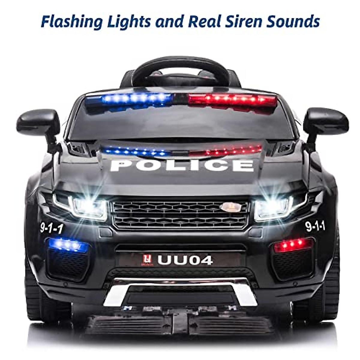 u URideon 12V Ride on Police Car for Kids, Battery Powered Electric Vehicle SUV with Remote Control, Siren, Flashing Light, Music (Black)