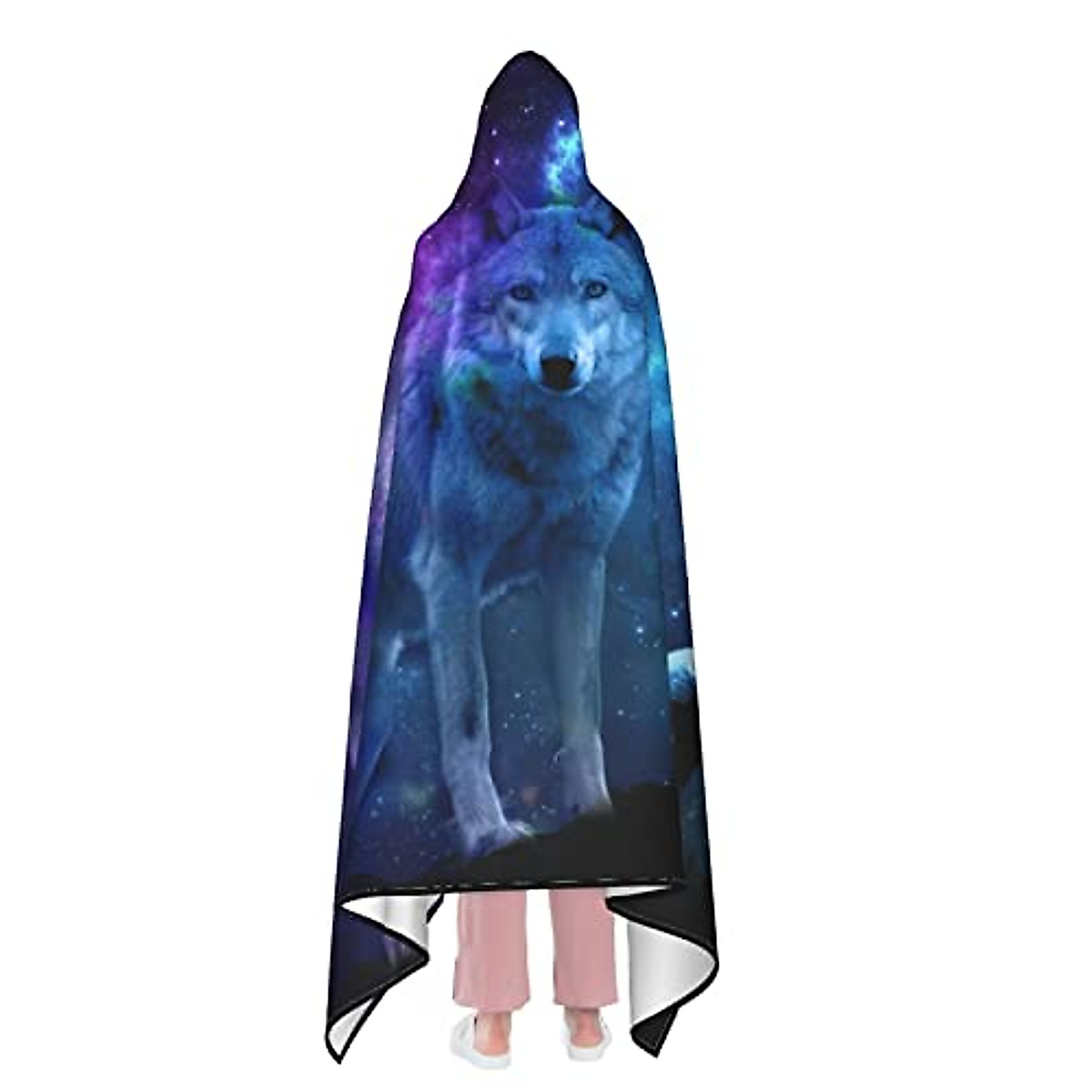 Galaxy Wolf Hooded Blanket Anti-Pilling Flannel Wearable Blanket Hoodie-Plush Warm Blanket Throw Blankets Fit for Kids, Adults, Teens