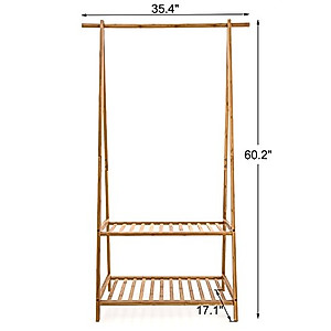 Finnhomy Bamboo Clothes Rack Portable Extra Large Garment Rack 2-Tire Storage Box Shelves For Entryway and Bed Room Patented Design