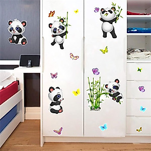 Panda Bamboo & Butterfly Wall Decals,Peel and Stick Removable Animal Wall Stickers for Kids Children Bedroom Nursery Home Decor(11x10in)