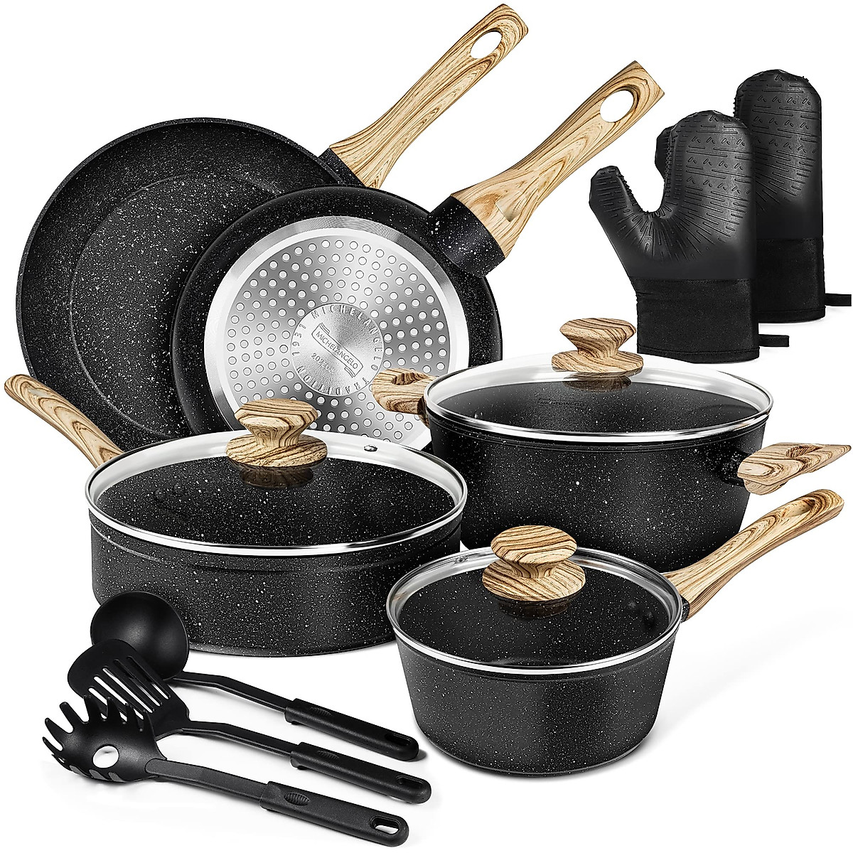MICHELANGELO Granite Pots and Pans Set Nonstick, 13 Piece Kitchen Cookware Sets with Ultra Nonstick Coatings, Non Toxic Cookware Set with Spatula, Spoon, Pasta Spoon and 2 Cotton Gloves