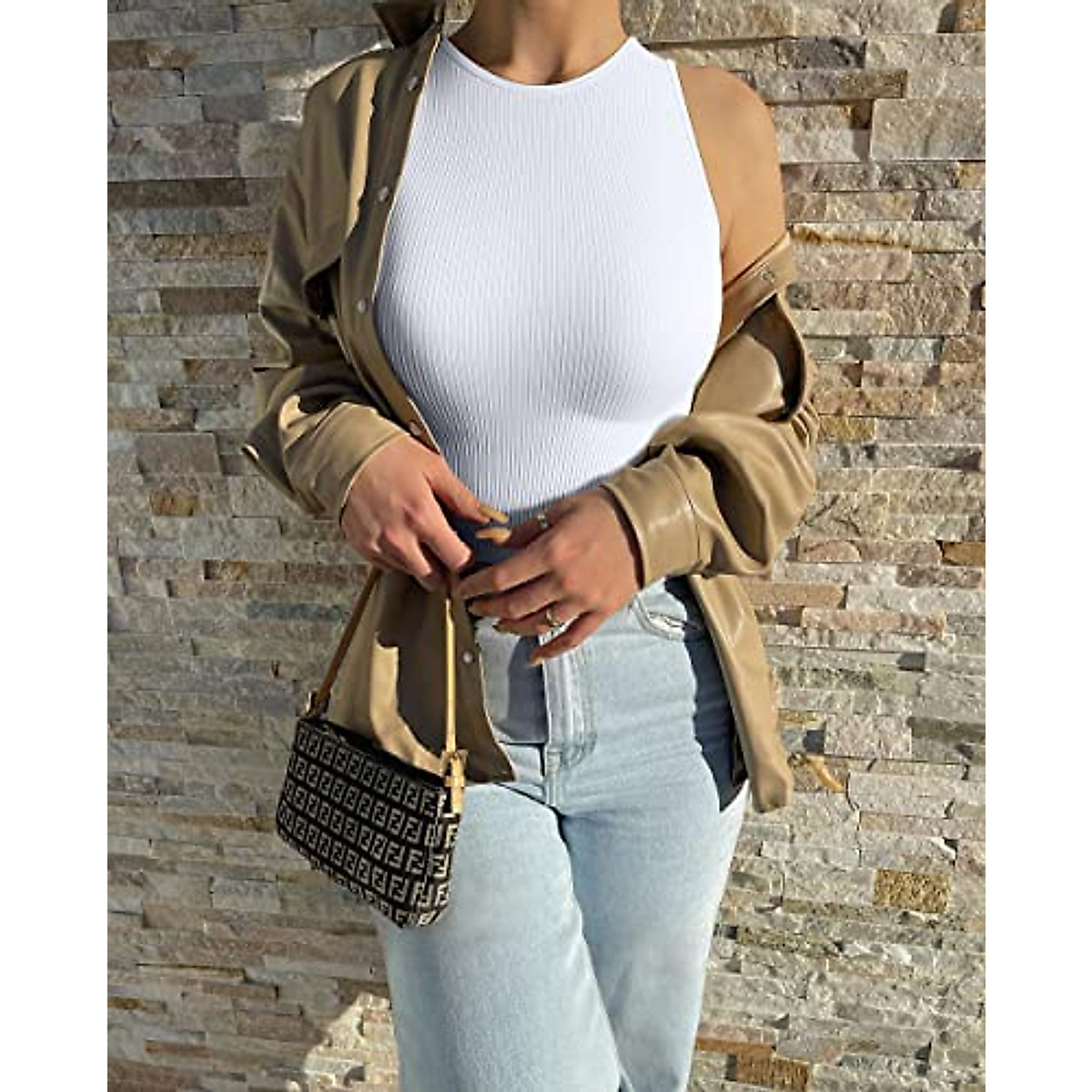 TOB Women's 3 Piece Bodysuits Sexy Ribbed Sleeveless Halter Neck Shapewear Bodysuits Black Rose White