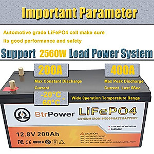 BtrPower 12V 200AH Lithium Battery,5000+ Deep Cycle LiFePO4 Battery with Built-in 200A BMS fit for Home Storage,Trolling Motor,RV,Off-Grid System,Solar Power System,Marine