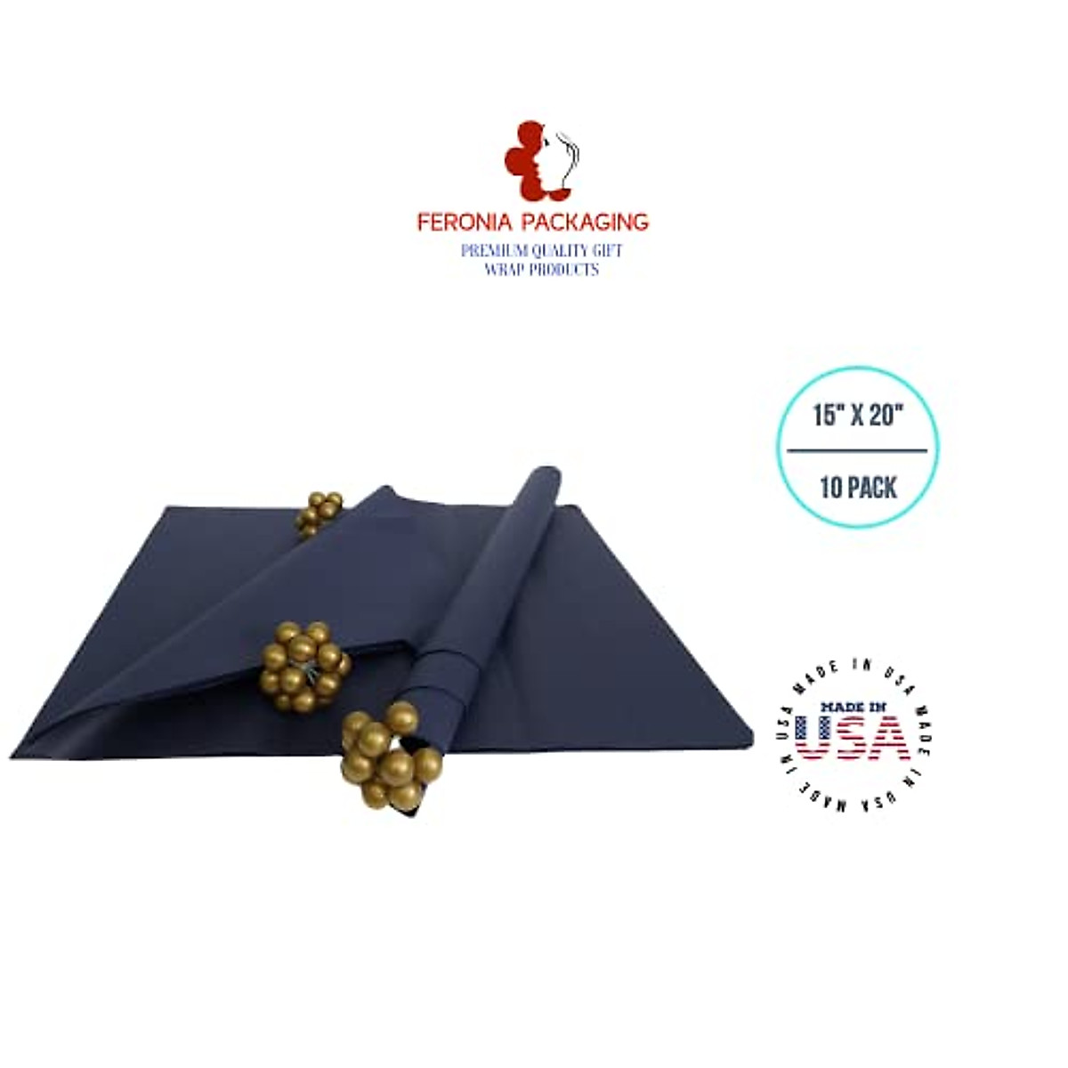 Navy Blue Tissue Paper Squares, Bulk 10 Sheets, Premium Gift Wrap and Art Supplies for Birthdays, Holidays, or Presents by Feronia packaging, Large 15 Inch x 20 Inch Made in USA
