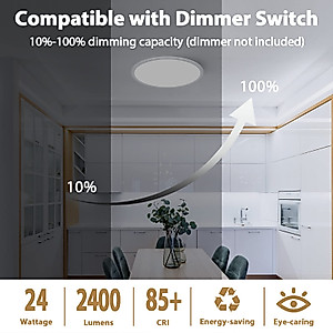 BrightHome 250W Equivalent 12in LED Flush Mount Ceiling Light Fixtures 24W, 3000K/4000K/6500K Adjustable, Slim Dimmable Ceiling Lamps, 2400LM Modern Round Flat Lights for Kitchen Hallway White 2 Packs