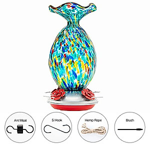 LaElvish Garden Hummingbird Feeder, 32OZ Hand Blown Glass Hummingbird Feeders for Outdoors Hanging, Built-in Ant Moat Wild Humming Bird Feeders, Yard Garden Gifts Decor (Merry)