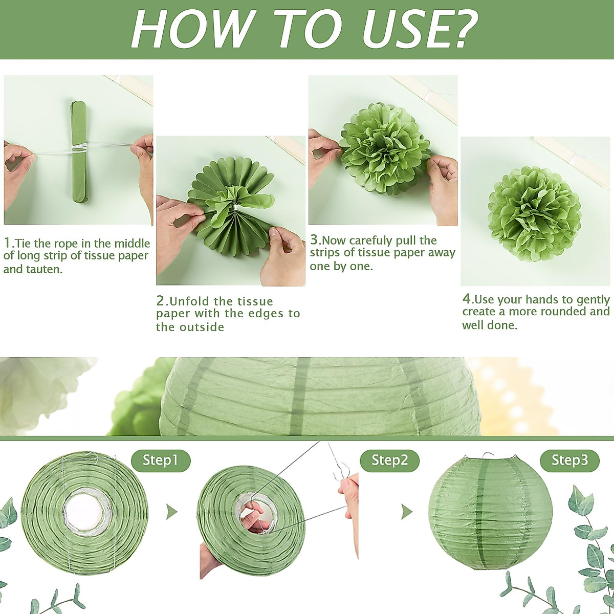 Sage Green Party Decorations Beige Tissue Paper Pom Poms Green Fans Lanterns Sage Party Decorations Boho Green Cream Party Decorations for Sage Birthday Wedding Bridal Baby Shower