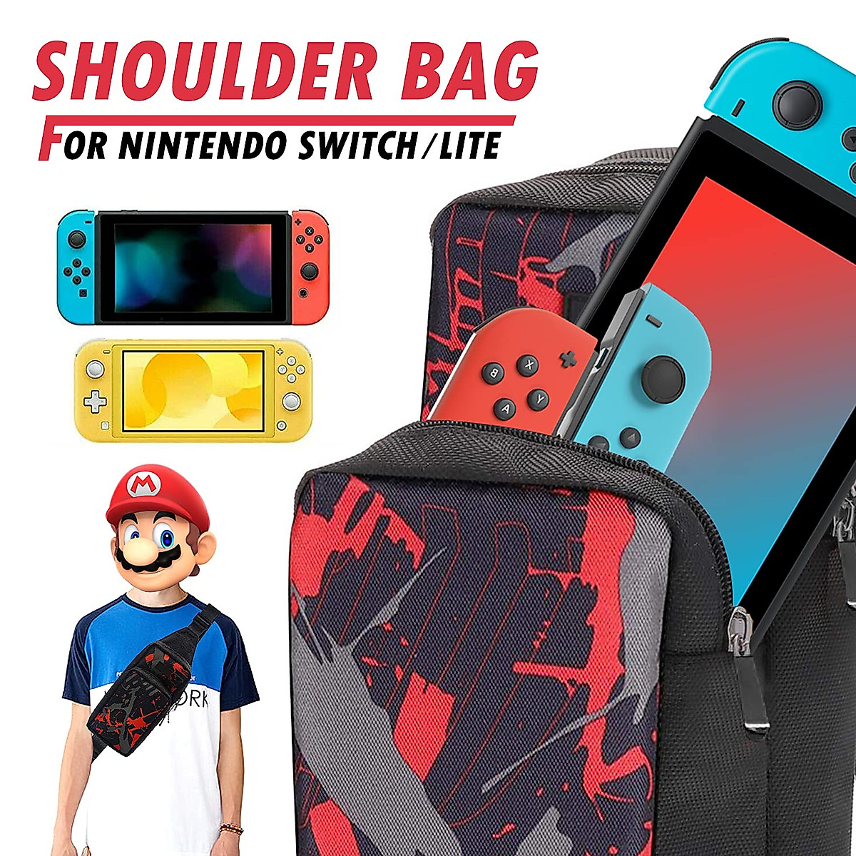 GOLDCHAMP Switch Travel Bag, Portable Nylon Water Resistant Shoulder Bag Storage Backpack, for Nintendo Switch Console/Dock/Switch Accessories, Chest Bag compatible with Nintendo Switch