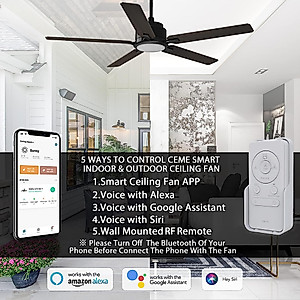 52“ Smart Ceiling Fan With Light, Low Profile With 10 Speeds, Silent DC Motor, Farmhouse Ceiling Fan Compatible with Alexa, Siri, Google & Smart App, Black & Walnut,Indoor & Outdoor