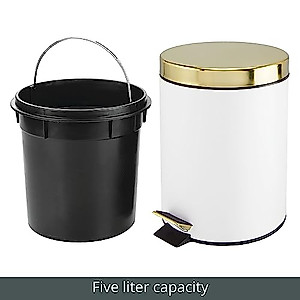 mDesign Pedal Bin — Metal Waste Bin with Pedal, Lid and Plastic Bucket Insert — Perfect for Bathroom, Kitchen, and Office — Household Rubbish Bin with Ergonomic Design — White/Gold