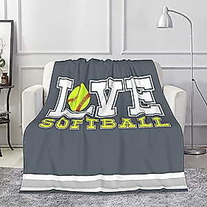 Flannel Softball Blanket for Bed Couch Sofa,I Love Softball on Grey Throw Blanket,Soft Cozy Plush Warm Fuzzy Sport Theme Softball Gift Decor Blanket for Adults Teens Kids 50"x40"