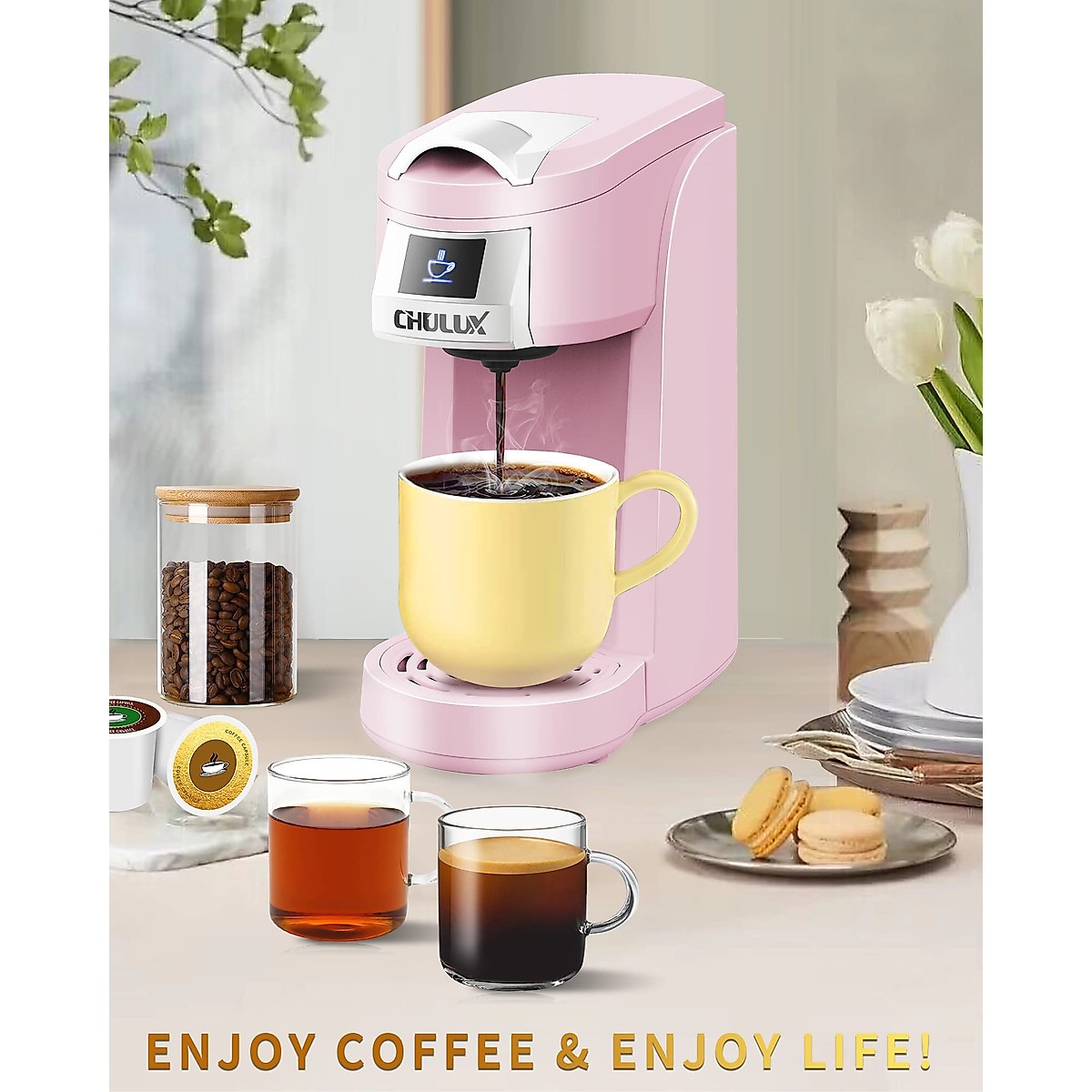 CHULUX Upgrade Single Serve Coffee Maker for K Cup & Ground Coffee, Pink Mini Single Cup Coffee Machine with One Touch Function, Fast Brewing in Minutes