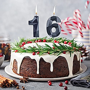 16th Birthday Candles Happy 16th Birthday Cake Toppers 3D Diamond Shape Number Candles Cake Topper Numeral Candles for Party Decoration Birthday Supplies (Black)