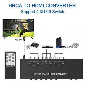 ZUZONG 6 Way RCA to HDMI Converter 1080P/720P RCA Composite CVBS AV Switch to HDMI Converter Adapter Support 4:3/16:9 Switch for Sega Xbox PS1 PS2 PS3 N64 NGC SNES WII VHS VCR Camera DVD