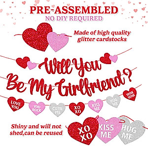 Will You Be My Girlfriend Banner Be My Girlfriend Glitter Heart Garland Happy Valentine’s Day Party Decoration Glitter Red and Pink Be My Valentine Romantic Party Supplies