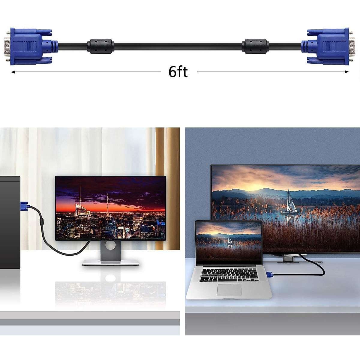 PASOW VGA to VGA Monitor Cable HD15 Male to Male for TV Computer Projector (6 Feet)