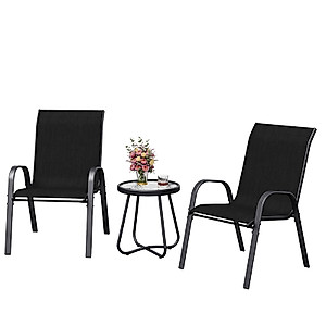 Amopatio 3 Piece Patio Set, Outdoor Stackable Dinging Chairs for All Weather, Breathable Garden Outdoor Furniture for Backyard Deck, Black