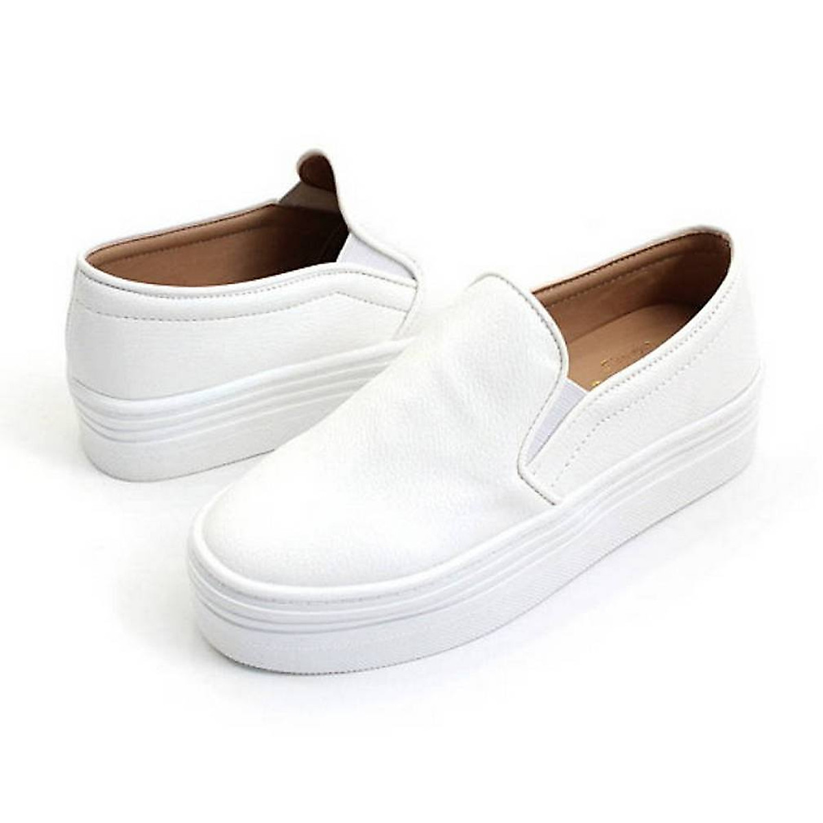 EpicStep Women's White Casual Simple Slip-On Mid Heels Thick Soles Platform Shoes Low Fashion Sneakers 7 M US