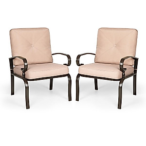 Incbruce Metal Outdoor Dining Chairs Patio Chairs Set of 2, Wrought Iron Chair Steel Frame Restaurant Chair, All-Weather Garden Seating Chair with Arms and Seat Cushions (Brown)